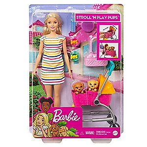 Barbie Dogwalking Doll & Accessories, Stroll & Play Pups Playset with Transforming Stroller, 2 Pets & Handbag, Blonde Doll