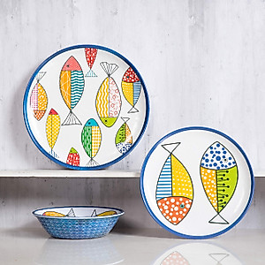 Gofunfun Melamine Dinnerware set for 4, Plates and Bowls Sets, Great for Camper, RV, Indoors Outdoors Use with Ocean Printed, Unbreakable