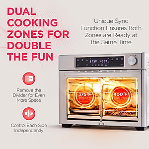 Dual Zone Air Fryer French Door Oven - 32 Qt Convection Toaster Combo - 10-in-1 Multifunction Up to 450° - 1800W - Temperature Control, Timer - Stainless Steel – Dehydrate, Broil, Bake, Roast, Ferment