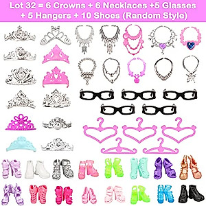 BARWA 42 pcs Doll Clothes and Accessories 10 pcs Party Dresses 32 pcs Shoes, Crown, Necklace Accessories for 11.5 inch Doll