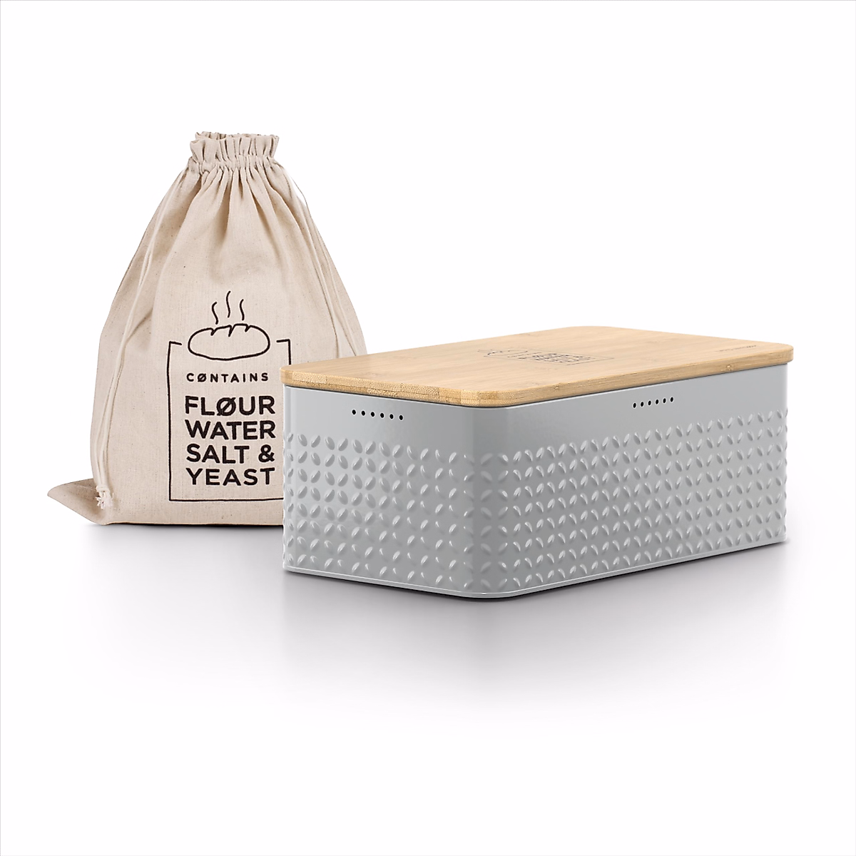 LARS NYSØM Bread Box I Bread Bin with Linen Bread Bag for Long-Lasting Freshness I Bread Box with Bamboo Lid Usable as Cutting Board I 13.4x7.3x5.3 in