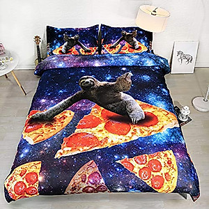 Royal Linen Source 3PCS 3D Blue Pizza Space Sloth Bedding Twin/Full/Queen/King/Super King Size Bed Set (JF531, Twin)