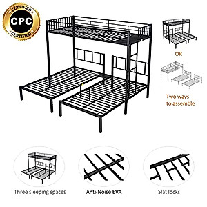 Eafurn Metal Triple Bunk Beds, Twin-Over-Twin & Twin Bunk Bed with Guardrails and Ladder, 3 in 1 L Shaped Detachable Bunk Bed for Family, Kids Teens Adults Boys Girls, No Box Spring Needed