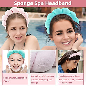 NewBang 2pcs Sponge Spa Headband for Women Terry Towel Cloth Fabric Skincare HeadBands Wristband for Washing Face Makeup Removal Shower Yoga Puffy Padded Soft Head Band Hairband Set Pink & Mint Green