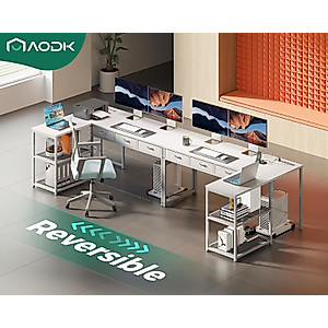 AODK 53 Inch L Shaped Computer Desk with Drawers, Corner Desk with Power Outlets & Reversible Storage Shelves, Movable CPU Stand for Home Office Gaming, White