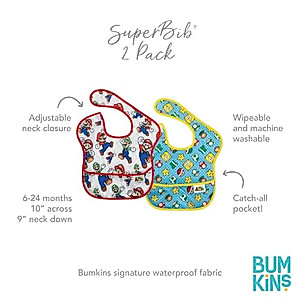 Bumkins Nintendo Bibs for Girl or Boy, SuperBib Baby and Toddler for 6-24 Months, Essential Must Have for Eating, Feeding, Baby Led Weaning, Mess Saving Waterproof Soft Fabric, 2-pk Super Mario