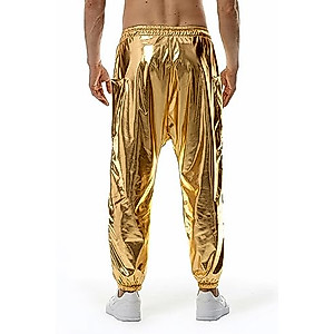 GRAJTCIN Metallic Shiny Jogger Sweatpants for Men 70s/80s Disco Party Rave Sequin Pants Elastic Trousers for Men with Pockets Solid Gold L