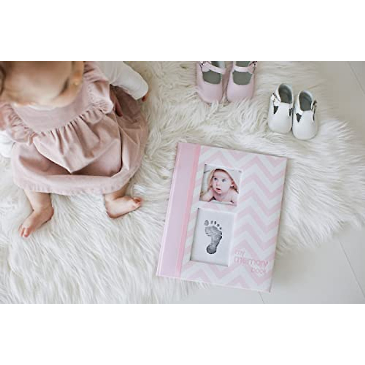 Pearhead First 5 Years Chevron Baby Memory Book With Clean-Touch Baby Safe Ink Pad To Make Baby's Hand Or Footprint Included, Newborn Milestone And Pregnancy Journal, Pink