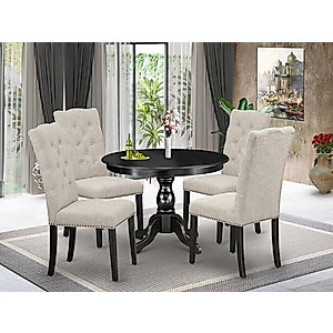East West Furniture HBEL5-ABK-35 5 Piece Kitchen Table & Chairs Set Includes a Round Dining Room Table with Pedestal and 4 Doeskin Linen Fabric Upholstered Chairs, 42x42 Inch, Wirebrushed Black