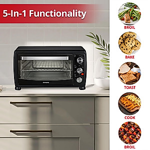 Aiwa 1400W Toaster Oven 6 Slice with Baking Tray, Air Fry Bake Toast Cook and Broil, Temperature Control, 60 Minute Timer Knob, Automatic Shutoff, Crispier Mesh Baking Tray and Crumb Tray Included