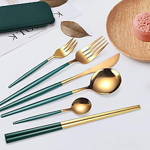 AARAINBOW 8 Pieces Stainless Steel Flatware Set Portable Reusable Cutlery Set Travel Utensils Set Including Chopsticks Knife Fork Spoon Straws Cleaning Brush Dishwasher Safe (Green Golden)