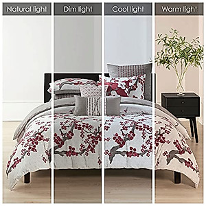 N Natori Cherry Blossom Duvet Cover Queen Size - Red, Grey , Cherry Blossom Duvet Cover Set – 3 Piece – 100% Cotton Sateen Light Weight Bed Comforter Covers