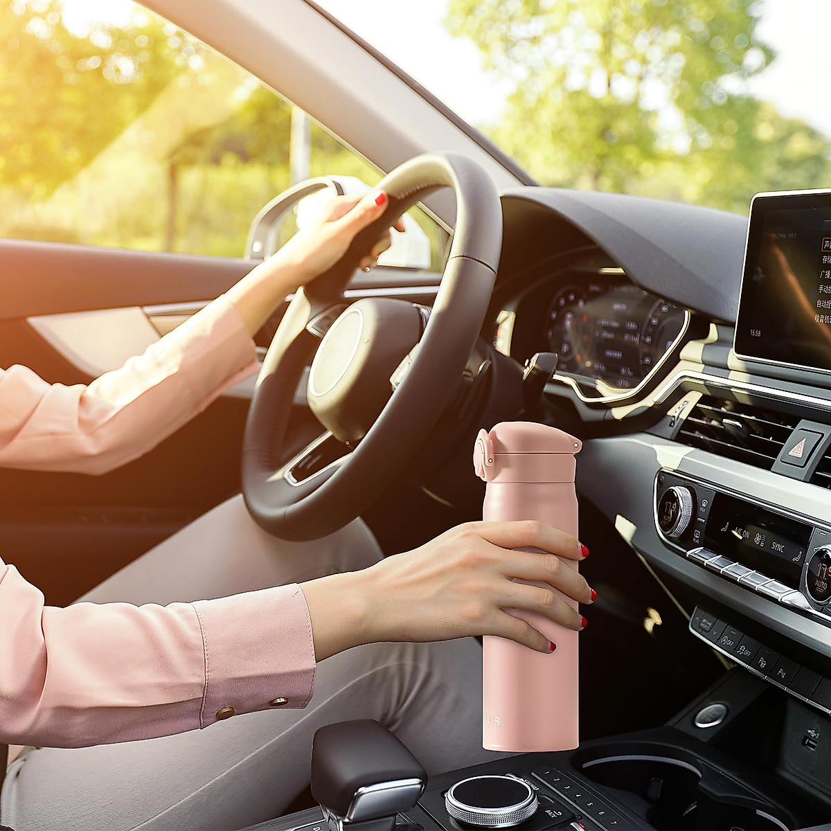 MUCR 17 oz / 500 ml Insulated Water Bottle, Stainless Steel Thermo Coffee Travel Mug, Thermal Cup with Snap Flip Lid, BPA Free for Hot and Cold Drinking, Pink