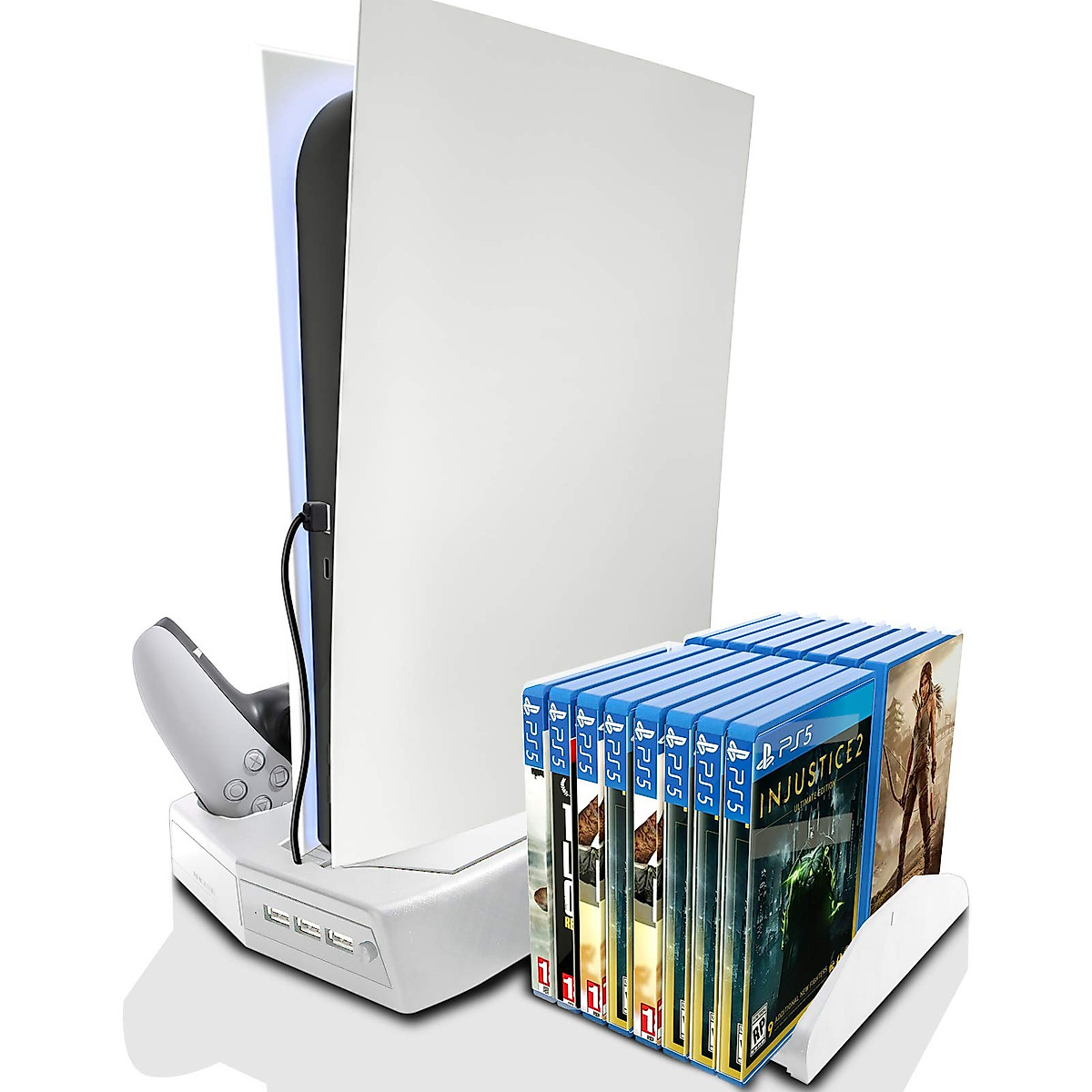 HEATFUN PlayStation 5 Charger, PS5 Stand with Cooling Fan and Controller Charger, Vertical Stand for PS5 Disc & Digital Editions, PS5 Stand with USB Ports and Game Rack - White