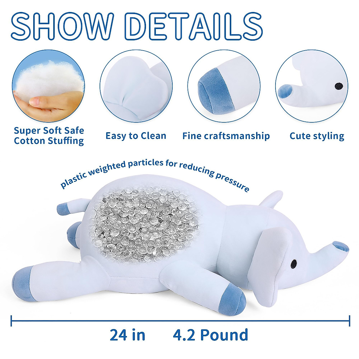 WeBingo 24" | 4.2 Pounds Blue Elephant Weighted Stuffed Animals - Cute Weighted Plush Toy Comfort Weighted Plush Pillow Gifts for Kids & Adults (24" | 4.2 lbs, Blue Elephant)
