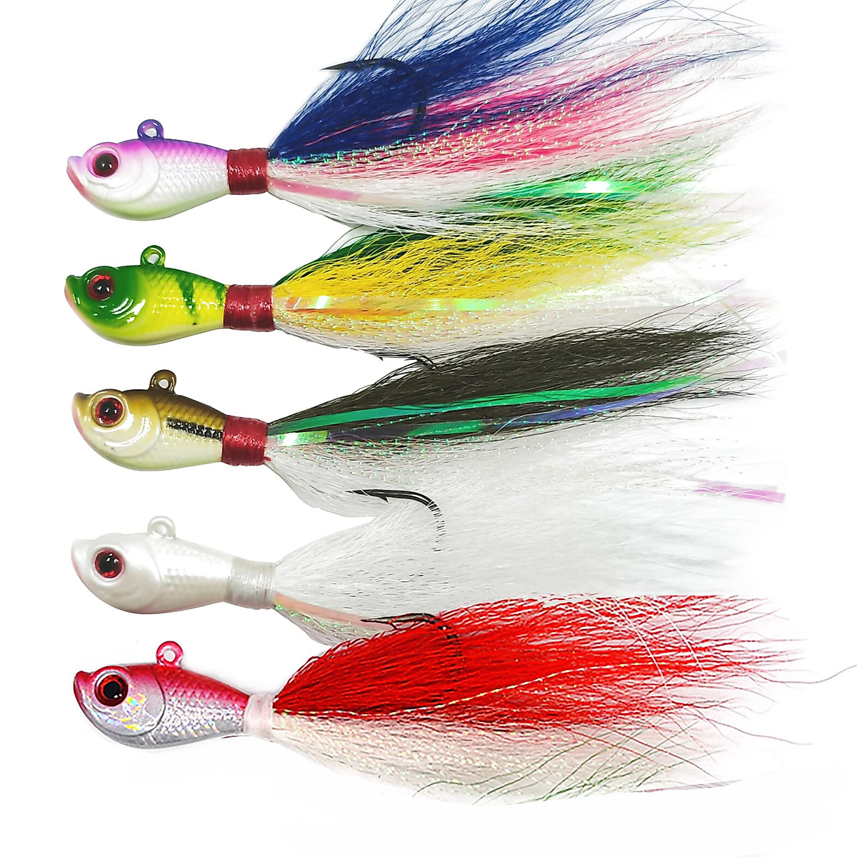 kmucutie 5 pcs deer tail hair bucktail Jigs saltwater or freshwater bait,for bass flounder fluke striper fishing lure (Mixed color C, 0.25 OZ)