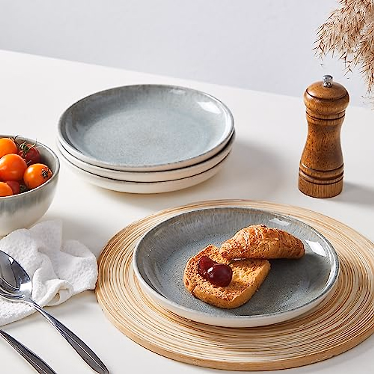 Pokini Gradient Green Stoneware Dinnerware Set, 12pcs Reactive Glaze Plates and Bowls Sets, Handmade Round Dishes Set for 4,Highly Chip and Crack Resistant Modern Plate Set