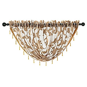 NAPEARL Swag Valance for Windows-Beige Organza Sheer Waterfall Valance, Elegant Beaded Valance Curtain for Bathroom, Kitchen, Small Windows (1 Valance, 57 x 37 Inch)