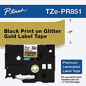 Brother P-touch TZe-PR851 Black Print on Premium Glitter Gold Laminated Tape 24mm (0.94”) wide x 8m (26.2’) long