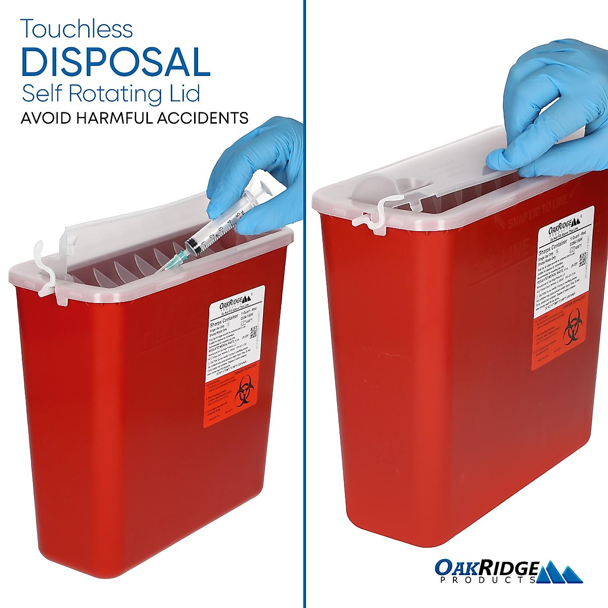 Oakridge Products Sharps Container for Home Use and Professional 5 Quart (1-Pack), Biohazard Needle and Syringe Disposal, Horizontal Drop Style Lid with levers, CDC Certified