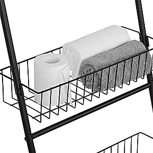 Blanket Ladder Black Farmhouse Leaning Towel Ladder Holder with 2 Metal Baskets 4 Tier Decorative Ladder Rack with 5 Removable Hooks for Living Room Bathroom Bedroom, Industrial Brown