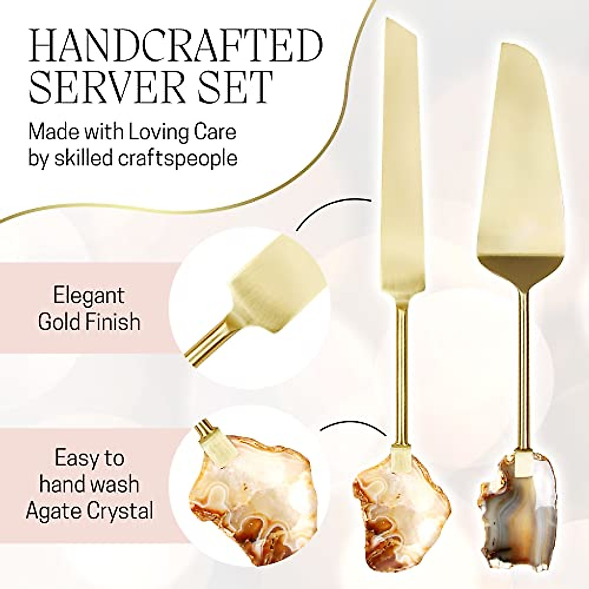 WANDA LIVING - - Handmade Gold Wedding Cake Knife & Server Set of 2 - - with Striking Natural Agate Crystal Embellishments - - Ideal for Weddings & Anniversaries - - Lead & Nickel Free