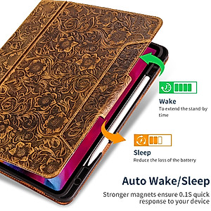 Gexmil Case for iPad Pro 11 Inch,4th/3rd/2nd/1st Generation(2022/2021/2020/2018) Genuine Leather Cover with Pencil Holder,Cowhide Folio Cover,Auto Sleep/Wake Magnetic Closure,Flower Brown