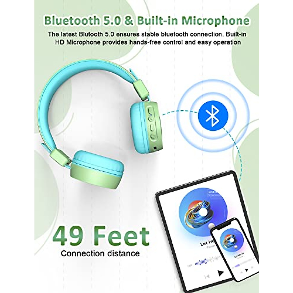 New bee Kids Bluetooth Headphones with Microphone Bluetooth 5.0 Wireless Kids Headphones with 32H Playtime/94dB Volume Limited On Ear Headphones for School/Girls/Boys/iPad/Fire Tablet(Matcha Green)