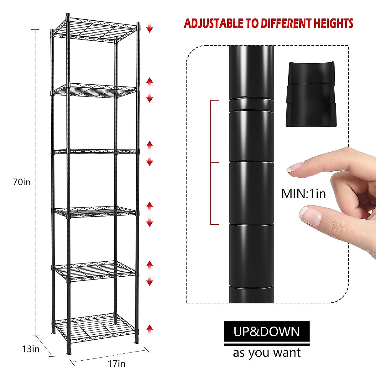 ZHAZHADI 6 Tier Adjustable Spacing Storage Shelf Metal Storage Rack Wire Shelving Unit Storage Shelves Metal 792Lbs Capacity 17" L x 13" W x 70" H for Pantry Closet Kitchen Laundry Black
