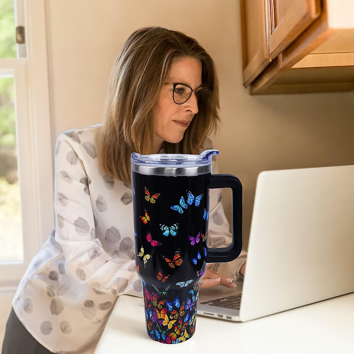 PERRIFIC Butterfly Tumbler 40 oz Tumbler with Handle and Straw Lid Leak Proof - Butterfly Coffee Travel Mug with Handle Insulated for Hot and Cold Drink Ice - Mothers Day Birthday Gifts for Women Cup