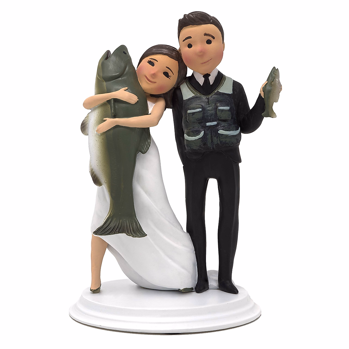 Dihtan Unique and Funny Fishing Wedding Cake Toppers Bride and Groom (Light Skin Dark Hair)