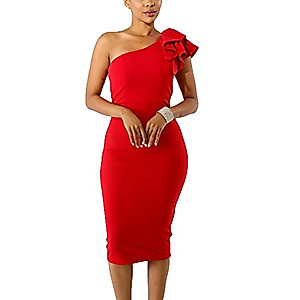 Mokoru Women's Sexy Ruffle One Shoulder Bodycon Elegant Cocktail Party Midi Dresses, Small, Red