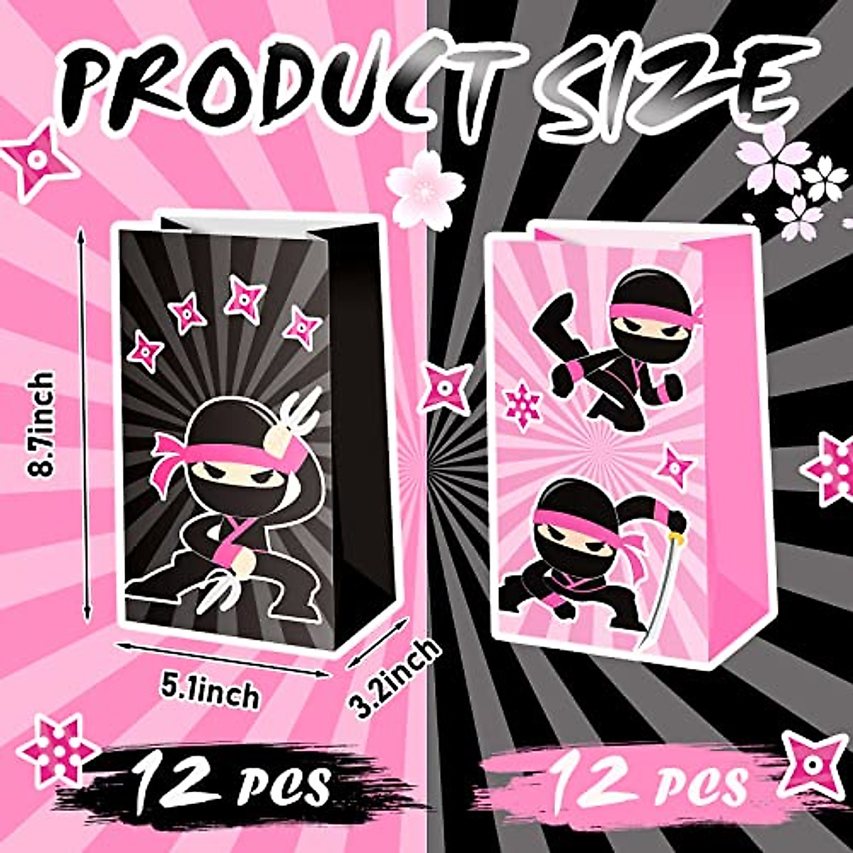 24 Pcs Ninja Party Favor Bags Birthday Ninja Goodie Bags Ninja Birthday Party Supplies Candy Bags Ninja Themed Birthday Treat Bags Goody Bags for Kids Boy Girl Ninja Party Decorations(Pink, Black)