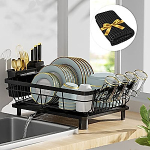 BUDO Dish Drying Rack, Stainless Steel Plate Rack with Drainboard, Removable Utensils and Cup Storage Holder, 360° Swivel Spout for Kitchen Counter (Black)