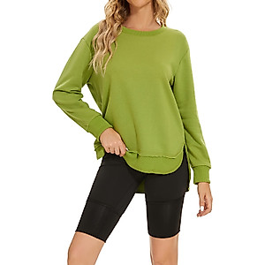 Pkabogbi Womens Long Sleeve Crewneck Pullover Sweatshirt No Hood Loose Fit Basic Green Sweatshirts Side Split Pullover Tops Green Small