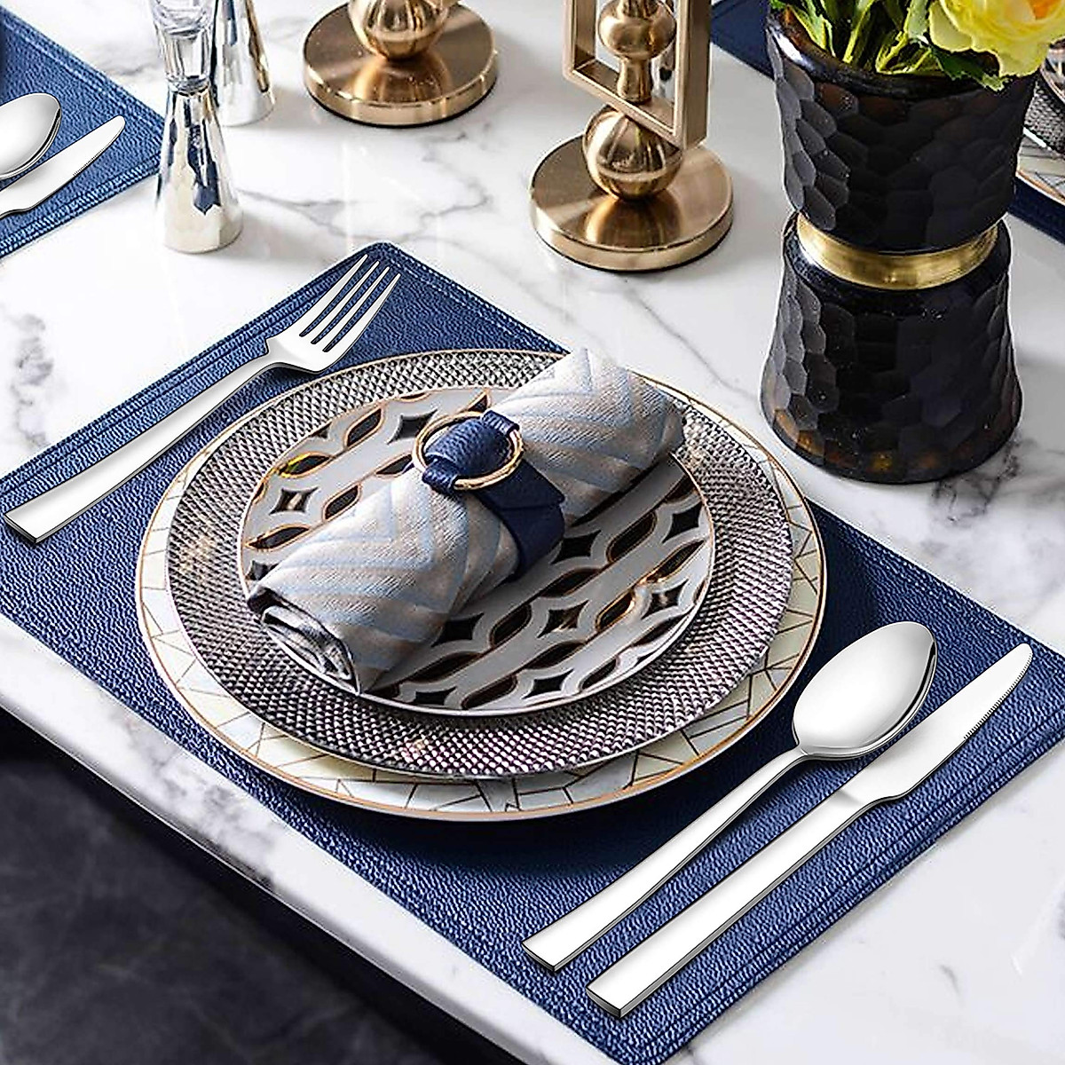 LIANYU 65-Piece Silverware Set with Serving Utensils, Stainless Steel Square Flatware Cutlery Set for 12, Eating Utensils Tableware Set, Mirror Finish