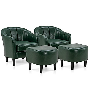 MCombo Accent Chair with Ottoman Set of 2, Faux Leather Upholstered Barrel Armchair for Living Room, Small Space, Corner 4022 (Green)