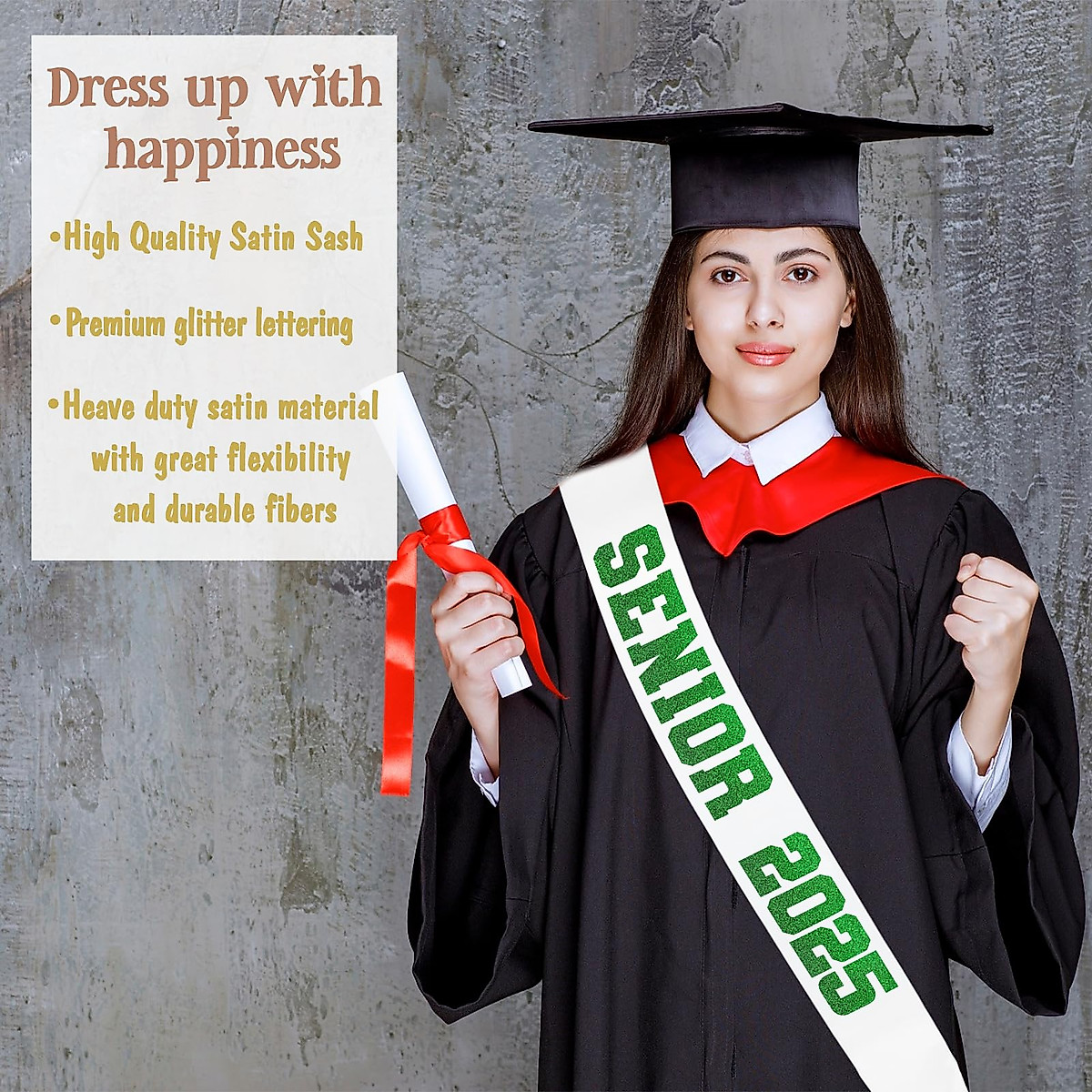 Generic 8 Pcs White Senior 2025 Sashes with Green Glitter Letters - Graduation Celebration sash, Senior Sashes Class of 2025, Senior Cheer Sash, Class Competition Sashes, Graduation Party Supplies