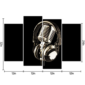 VVOVV Wall Decor Microphone Music Picture Canvas Print Headphone Canvas Wall Art Black and White Musical Painting Contemporary Music Room Decorations Framed Canvas Artwork Large 4 Panels