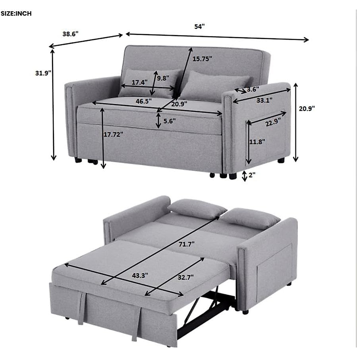 3-in-1 Convertible Upholstered Loveseat Sofa Couch with Pull-Out Sleeper Bed,2-Seat Futon Lounge Recliner Sofá Chair with Adjustable Reclining Backrests,Lumbar Pillows and Side Pockets for Living Room