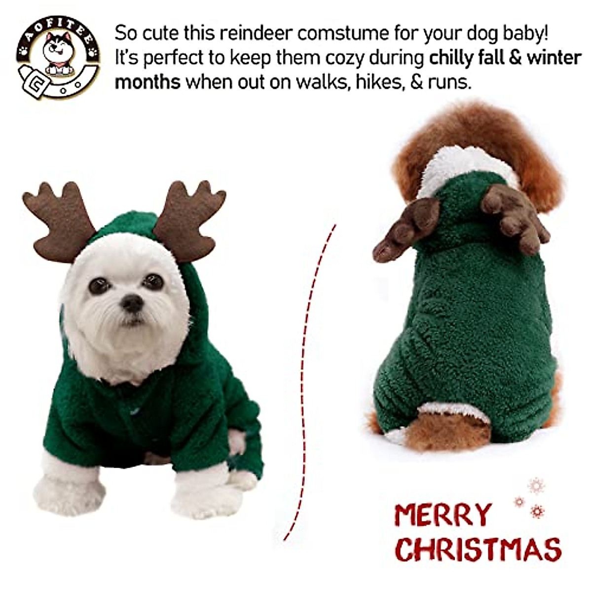AOFITEE Dog Christmas Reindeer Costume Dog Onesie Soft Comfy Coral Velvet Pajamas, Pet Warm Winter Hoodies Jumpsuits for Holiday Party (Small, Green)