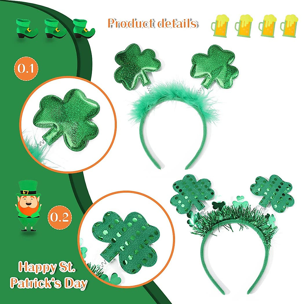 DRESBE St. Patrick's Day Headbands Green Shamrock Clover Headband Festival Costume Accessories for Women and Girls(Pack of 2) (A)