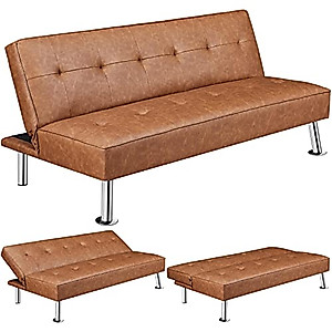 Yaheetech Convertible Sofa Couch Futon Bed Faux Leather Sofa Bed Sleeper Adjustable Loveseat Futon Couch Living Room Furniture with Chrome Metal Legs, Brown