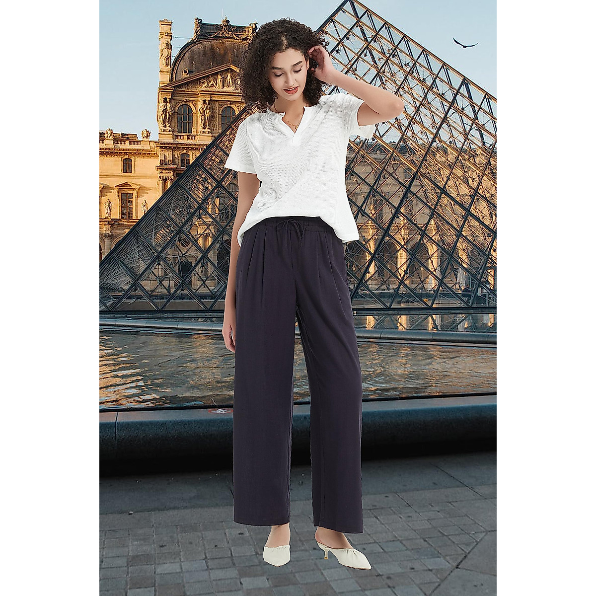 PACIBE Womens Cotton Linen Pants Summer Casual Drawstring High Waisted Palazzo Flowy Wide Leg Trousers with Pockets, XL Deep Blue