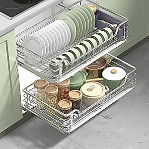 2-Tier Cabinet Pull Out Shelves Heavy Duty 304 Stainless Steel Pull-Out Cabinet Organizers Telescopic Wire Storage Baskets Rack for Kitchen Base Cabinet Organization for Pantry, Bathroom, Chrome (49