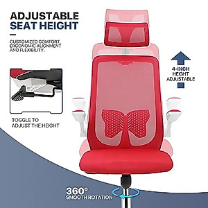 MoNiBloom Ergonomic Office Desk Chair Swivel Breathable Mesh Computer Chairs with Headrest and Lumbar Support, 95°-125° Adjustable High Back Chair, 250 LBS Capacity, Red