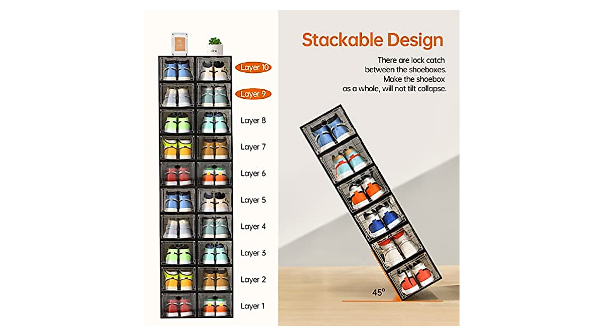 Amllas Sturdy 10 Pack Shoe Storage Boxes - Stackable & Clear