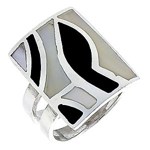 Sterling Silver Mother of Pearl Ring Rectangular Black & White 1 inch size 10