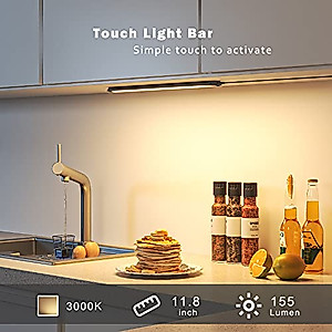 MYPLUS Under Cabinet Lights, 12" Touch Activated and Dimmable Aluminum LED Bar for Kitchen, Workbench and Desk, Warm White 3000K, Plug-in, Black.