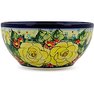Polish Pottery 6¼-inch Bowl (Yellow Blooming Rose Theme) Signature UNIKAT + Certificate of Authenticity